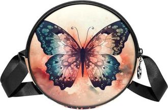 Generic Sac &agrave; bandouli&egrave;re rond pour femme, motif papillon vintage, petit sac &agrave; bandouli&egrave;re avec fermeture &eacute;clair, bretelles r&eacute;glables, sac &agrave; main rond d&eacute;contr