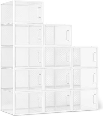 Amazon Basics Schuhaufbewahrungsbox, stapelbar und faltbar, gro&szlig;, 12 St&uuml;ck, Transparent