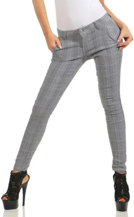 Fashion4Young 5401 Damen Hose Treggings Business Kariert Damenhose B&uuml;ro Karohose Stretch Chino Slim-Fit (grau, XXL-44)