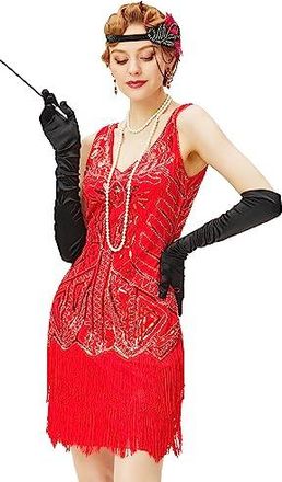 Babeyond Babeyond - Robe à Franges et col en V pour Femme Style 1920 Gatsby Le Magnifique, Rouge, Taille XS