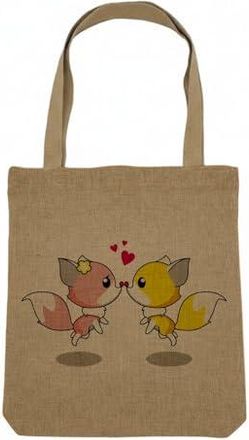 Fabulous Sac Shopping Tote Bag Aspect Lin - Renards Amoureux Aquarelle Peinture Enfant Mignon Dessin - Sac de Courses Toile Epaisse 360g Beige Naturel Cabas Po
