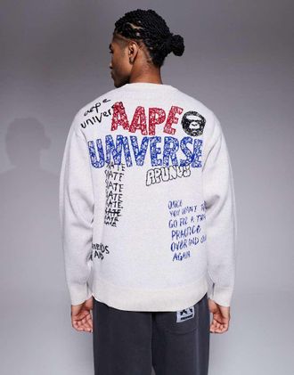 Aape By A Bathing Ape Strickpullover in Wollwei&szlig; mit Kritzel-Print