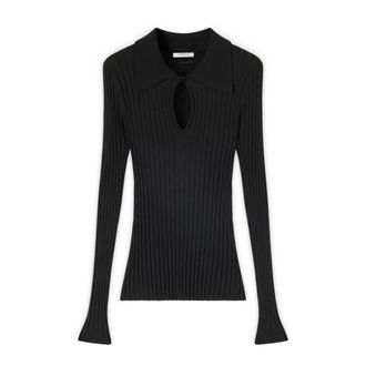 Motivi Geripptes Viskose-Poloshirt mit Cut-outs - - Knitwear - Damen - Schwarzk - S