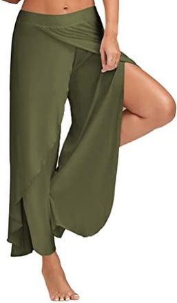 Onsoyours Pantalon Palazzo Jambe Fendue pour Femmes Filles Pantalon de Yoga Fluide Pantalon Large Décontracté A Armée Verte XL