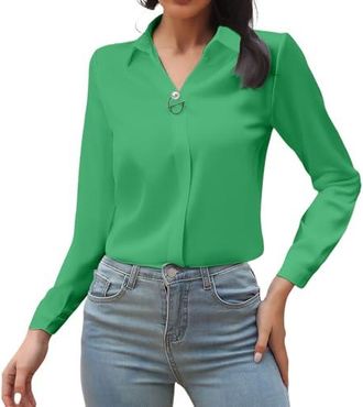 Generic Chemisier &agrave; manches longues pour le travail boutonn&eacute; - Chemisier en satin grande taille pour femme avec boutons et &eacute;paules droites - Chemisier drap&eacute; r