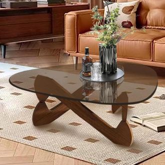 Generic Dreieckiger Couchtisch aus Glas und Holz im Retro-Oval-Design, mit Glasfu&szlig; und hitzebest&auml;ndiger Oberfl&auml;che.,A02,82&times;57&times;35cm