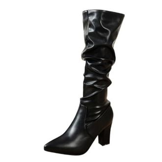 Generic Bottes Hautes Femme &agrave; Talon Bloc Cuir PU Pliss&eacute; Bottes Tendance dHiver Bout Pointu &Agrave; Talons Hauts Chic et Elegant Chaussures L&eacute;g&egrave;res D&eacute;contract&eacute;e 38