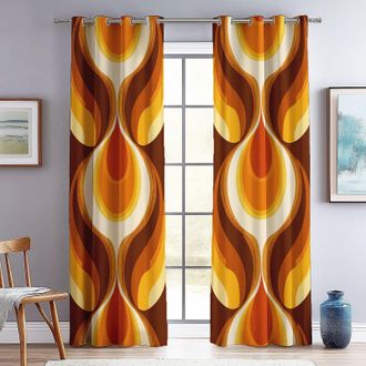 Generic Verdunkelungsvorhänge Ösen Retro-Illustration der 70er Jahre, H 260 x B 140 cm (2er Pack) Bedruckte Thermo Isoliert Blickdichte Vorhänge, Orange