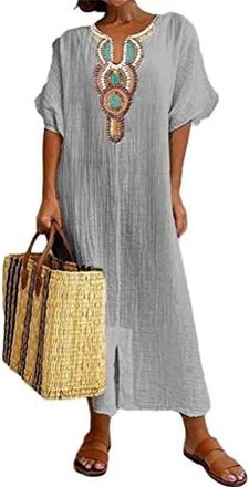 Onsoyours Robe Décontractée Femmes Lin Couleur Unie Maxi Robes avec Poches Plein Avant Bouton Lâche À Manches Longues Col en V Robes Longues Couches Vintage Boh