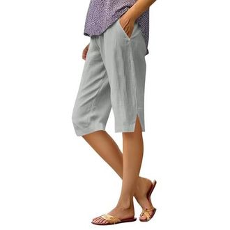 Generic Jupe-short d&eacute;t&eacute; en lin m&eacute;lang&eacute; pour femme, longueur genou, taille &eacute;lastique, jambes larges, avec poches et fentes lat&eacute;rales, pantalon court d&eacute;contract