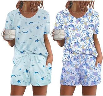 Ekouaer 2 Paquet Pyjama Femme Manche Courte Ete Ensemble Pyjama Mignon Vêtement de Nuit Imprimé Lune/Floral M