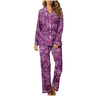 Generic Pyjama Femme Imprim&eacute; Coeur Deux Pi&egrave;ces Manches Longues, Saint-Valentin Soir&eacute;e Tenue de Maison Soyeux Doux Confortable Loose Respirant D&eacute;tente