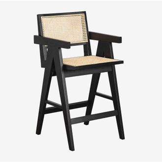 Sklum Lali hoher Hocker 65 cm aus Eschenholz und Rattan Schlichtes Schwarz