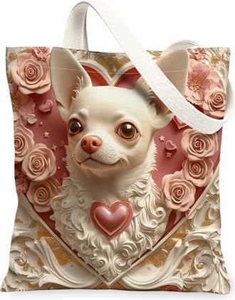 Generic Sac fourre-tout en toile motif chihuahua pour le shopping 33 x 38 cm, sac d&eacute;picerie r&eacute;utilisable pour la Saint-Valentin, pour femme, animal domestique