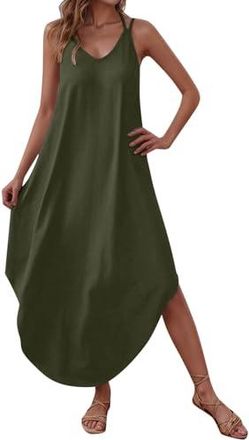 Generic Robe d&eacute;t&eacute; d&eacute;contract&eacute;e sans manches avec col en V et poches pour femme, robe de plage fendue, robe de vacances avec poches, robe de plage boh&egrave;me, robe