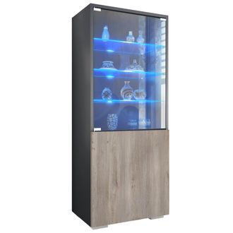 Vladon Vitrine Granada, Made in Germany, Vitrinenschrank mit Glast&uuml;r und Glaseinsatz inkl. LED, Anthrazit matt/Eiche Nordic (50 x 122,5 x 34,5 cm)