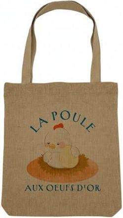Fabulous Sac Shopping Tote Bag Aspect Lin - La Poule aux Oeufs dOr Expression Enfant - Sac de Courses Toile Epaisse 360g Beige Naturel Cabas Port&eacute; Epaule Solid