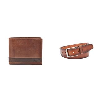 Fossil Herren Quinn Braunes Leder Portemonnaie und Griffin G&uuml;rtel, Set