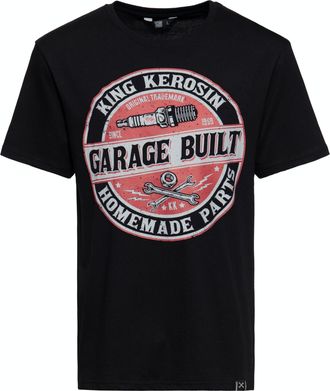 King Kerosin Herren Shirt Mit Frontprint Im Workerstyle Garage Built Rundhals Kurzarm Print-Shirt Regular Fit Bedruckt Abgesteppte Kante Garage Built