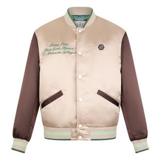 Philipp Plein Homme, Vestes, Beige, Taille: XL Shiny Satin College Bomber Signature Monte Carlo