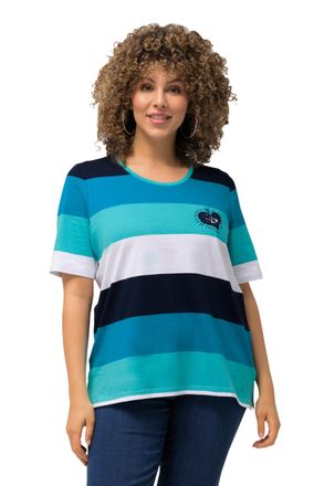 Ulla Popken Damen T-Shirt, Ringel, Herz-Stickerei, Rundhals, Halbarm Gestreiftes Mit Stickerei, Classic, Tiefes Aqua, 46-48 EU