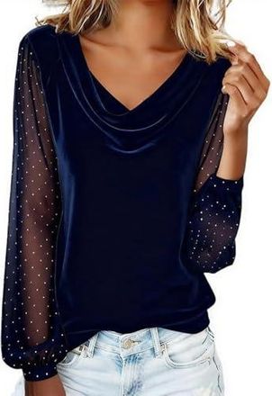 Generic Haut &agrave; paillettes pour femme - &Eacute;l&eacute;gant - Paillettes - T-shirt &agrave; manches longues pour femme - Avec col en V et manches en maille - Pour le Nouvel An - 