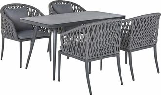 Beliani Gartenm&ouml;bel Set Grau Aluminium Tisch 140x80 rechteckig in Steinoptik 4 St&uuml;hle mit Armlehnen Auflagen Flechtseil Terrasse Outdoor M&ouml;bel