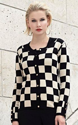 Passioni Cardigan Twinset in Beige-Schwarz mit Schachbrettmuster