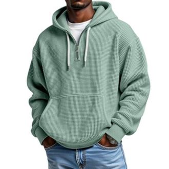 Generic Sweat &agrave; capuche d&eacute;contract&eacute; &agrave; manches longues et fermeture &eacute;clair gaufr&eacute;e de couleur unie pour homme, ample et confortable, Vert, XXL