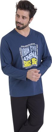 Athéna Langer Schlafanzug für Herren, Ecopack - Jersey 100% atmungsaktive Baumwolle - Langarm-T-Shirt + Hose - Label Öko-TEX Standard 100, Marineblau/Schwarz