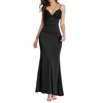 Generic Robe dinvit&eacute;e de mariage pour femme - En dentelle fronc&eacute;e - Bretelles spaghetti - Robe maxi - Robe crayon - Robe de soir&eacute;e, Noir, S