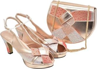 Generic Ensemble de chaussures et sac pour femme Style italien Peep Toe Talons hauts avec strass Décoration pour mariage, champagne, 42.5 EU