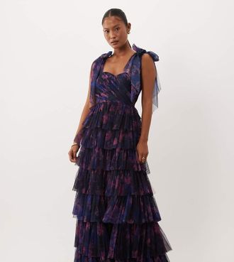 Lace & Beads Petite robe longue en tulle &agrave; noeud sur l&eacute;paule pour demoiselle dhonneur, &agrave; fleurs bleu cobalt-Multi