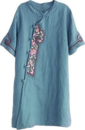 Generic Robe tunique 44 pour femme de style ethnique avec col montant et boutons en coton et lin avec broderie lourde robe dété pour femme avec fente, bleu ci