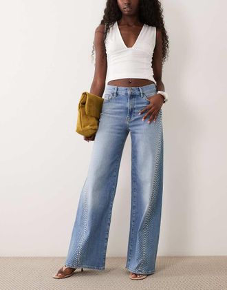 Mango Erin jean large en coton avec c&ocirc;t&eacute; orn&eacute; en bleu moyen