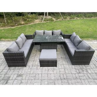 Fimous 10-Sitzer Rattan Gartenm&ouml;bel Sofa Set im Freien Einstellbarer aufsteigender Esstisch Set mit gro&szlig;em Fu&szlig;hocker Dunkelgrau gemischt - Fimous