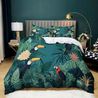 Generic Housse de Couette Toucan Plante Tropicale 180 x 200 cm, Parure de Lit Vert Fonc&eacute; 2 Personnes - House de Couette Microfibre avec Fermeture Eclair et 2 