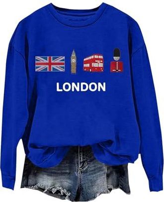 Generic Pull pour femme - Imprim&eacute; graphique britannique - Haut surdimensionn&eacute; - Col rond - Manches longues - Automne - Hiver - D&eacute;contract&eacute; - Confortable - Ten