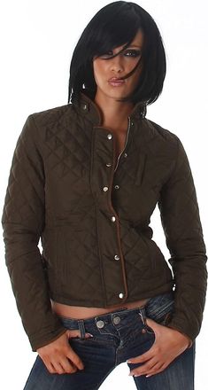 Jela London Damen Steppjacke Stehkragen Kunstleder Gerader Schnitt, 40 (Etikett 42) Dunkel Gr&uuml;n