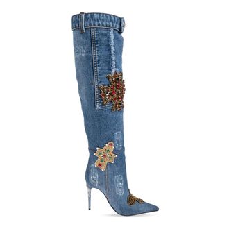 Dolce & Gabbana Femme, Chaussures, Bleu, Taille: 37 EU Bottes en denim avec broderie et pierres