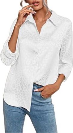 Generic Chemisier boutonn&eacute; en satin pour femme, chemise en satin imprim&eacute; l&eacute;opard, haut de travail &agrave; manches longues, blanc, S
