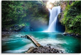 Paul Sinus Art Wandbild 120x80cm Landschaftsfotografie - Wasserfall im Regenwald auf Leinwand f&uuml;r Wohnzimmer, B&uuml;ro, Schlafzimmer, Ferienwohnung u.v.m. Gestochen scha