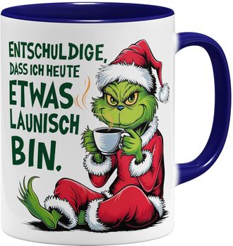 OM3 lustige Anti Weihnachten Kaffee-Tasse mit Spruch - Entschuldigung, dass ich so launisch bin - Keramik Becher - 325ml - Beidseitig Bedruckt - Dunkelbla