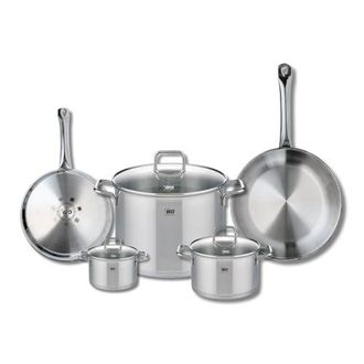 Fackelmann ELO 9503450 Batterie de cuisine 5 pièces, Ensemble de 2 Poêles de cuisson 24 et 28 cm et 3 faitouts 12, 16 et 26 cm Elo Profi Citrin, inox, induction