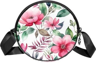 Generic Petit sac &agrave; bandouli&egrave;re circulaire pour femme, motif feuilles florales, sac &agrave; dos avec fermeture &eacute;clair, bretelles r&eacute;glables, sac &agrave; main rond d&eacute;contra