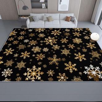 Generic Noir Or Tapis pour Salon 120 x 170 cm, Lavables avec Dos Antid&eacute;rapant, Tapis &agrave; Poils Courts Imprim&eacute; No&euml;l F&ecirc;tes Flocons De Neige Art D&eacute;co pour Cuisine 