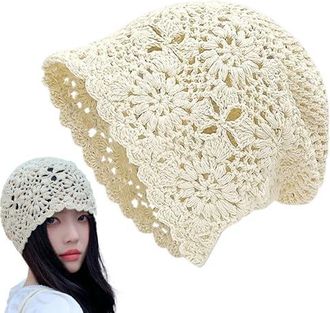 Generic Bonnet en crochet pour femme, bonnet à motif floral - Bonnet creux en tricot élastique respirant léger pour printemps, été, voyage, femme, décontracté