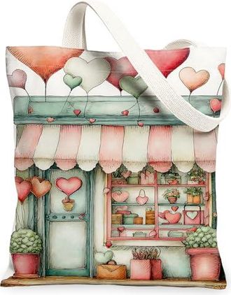 Generic Sacs fourre-tout en toile motif coeur, sacs &agrave; provisions r&eacute;utilisables, l&eacute;gers et lavables avec bandouli&egrave;re en toile, p&ecirc;che, 13x15 Inch