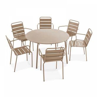 Oviala Oviala - Ensemble table de jardin ronde et 6 fauteuils acier taupe - Palavas