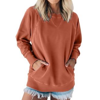 Generic Pull &agrave; col rond c&ocirc;tel&eacute; pour femme, col rond, manches chauve-souris, sweat-shirt dautomne avec poches, rouge rouille, XXL